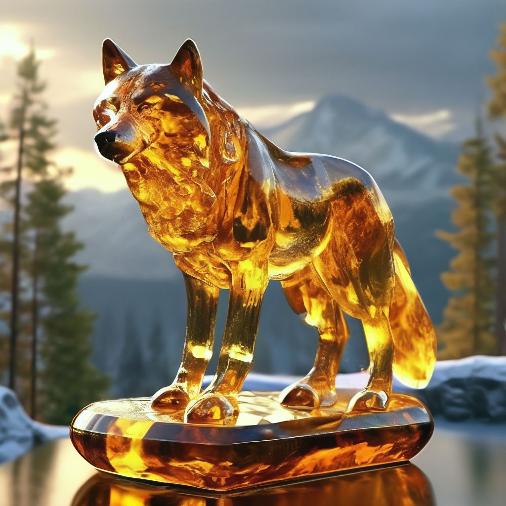 "Amber wolf on an amber stand, the background is fantastic, beautiful ...