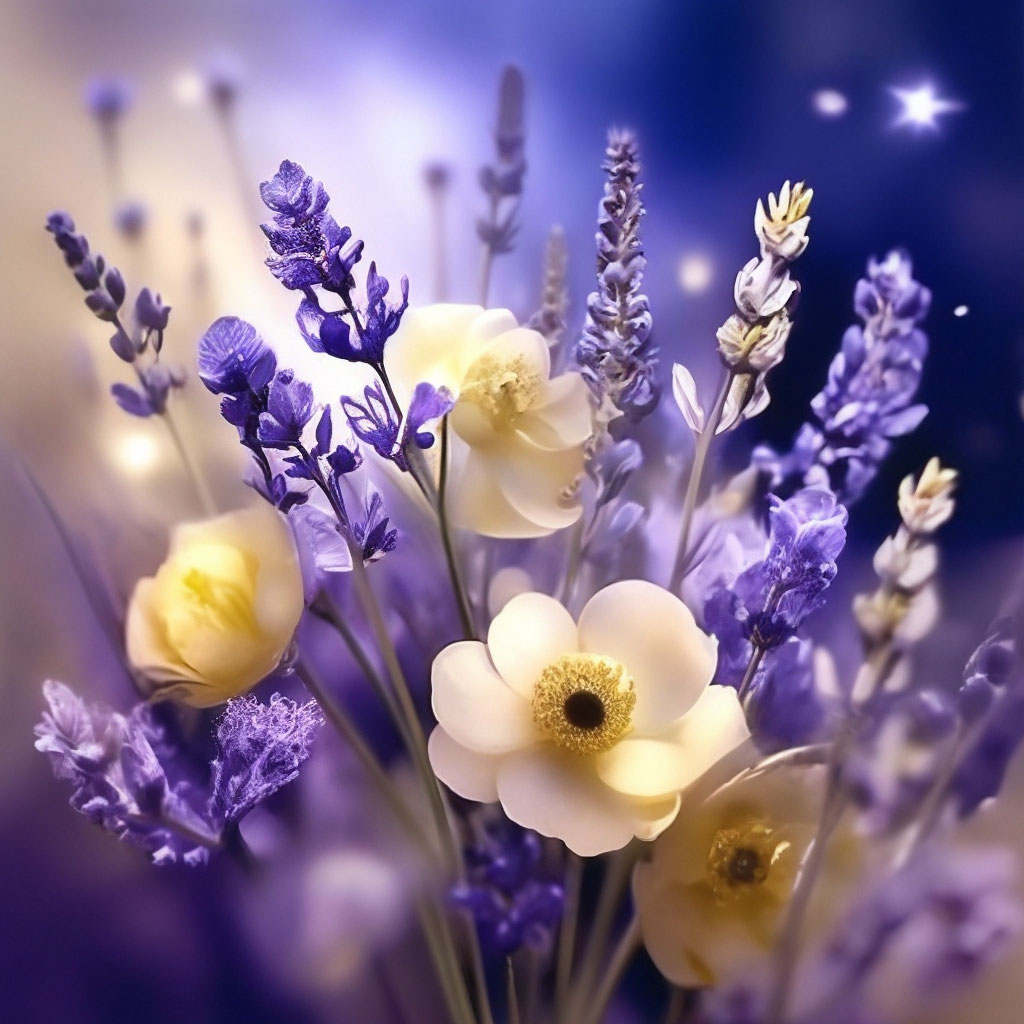 " ️ bouquet of lavender+ buttercups+fireflies, abstraction, macro ...