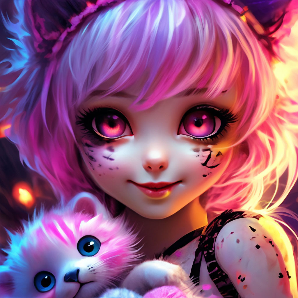 "Surrealism,cute cat girl, close-up, consists of fractals, fairy elf ...