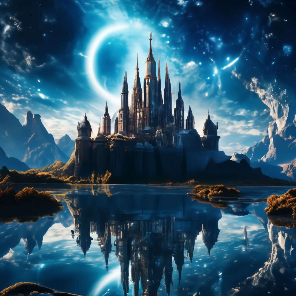 "In space open blue space cosmic abyss huge mystical city shines ...