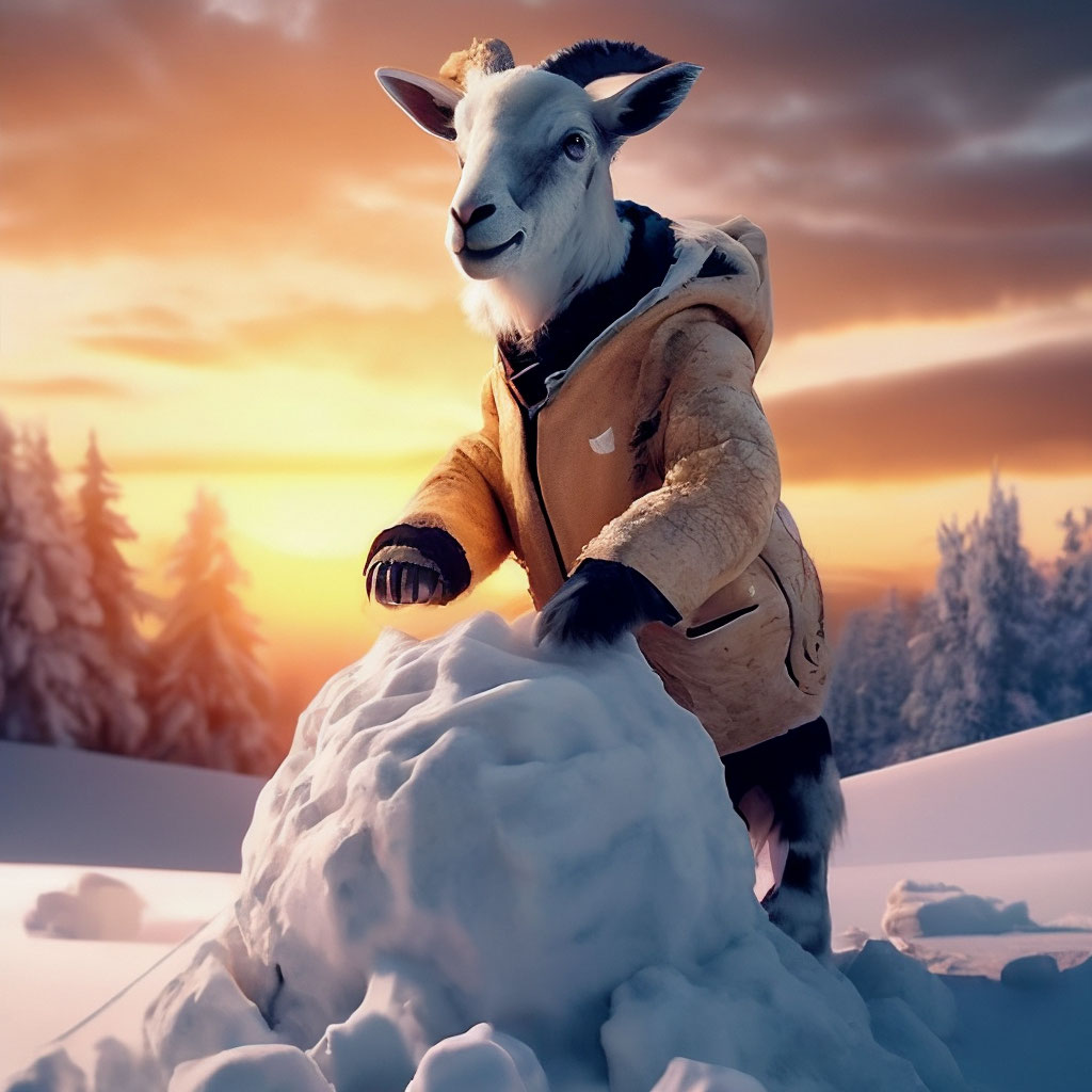 "Goat in a jacket on its hind legs sculpts a snowman,winter,snow ...