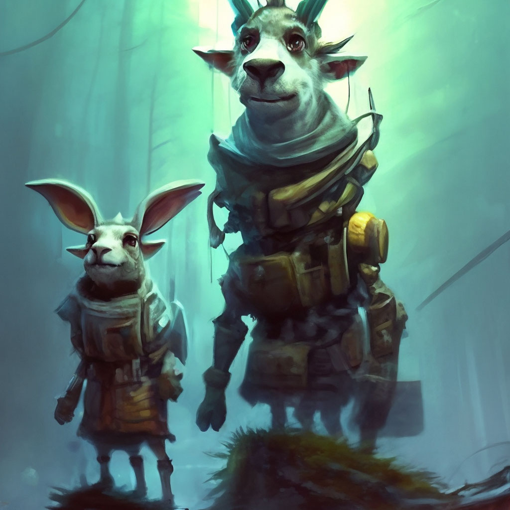 "Goat and hedgehog in the fog, huge bulging eyes, out of proportion ...