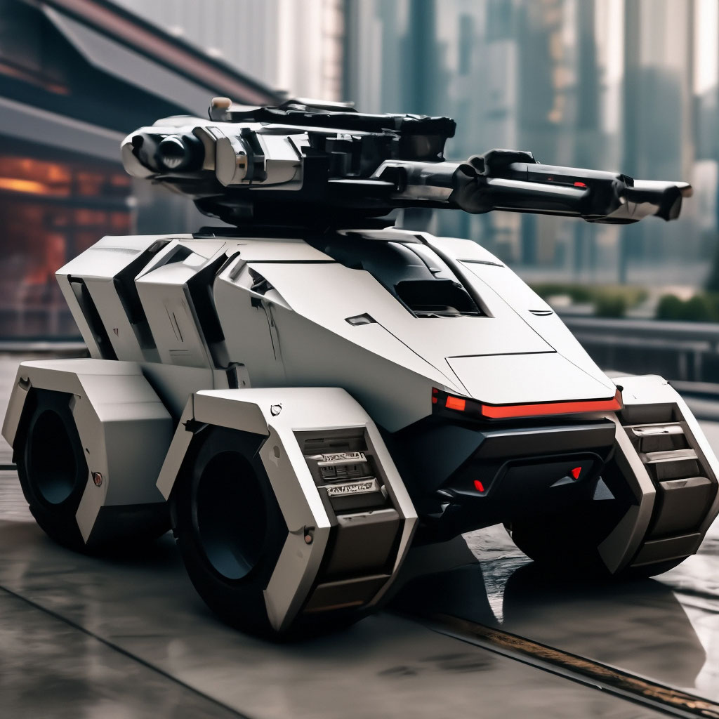"A fighting vehicle in the style of a Tesla cybertruck, with a rotating ...