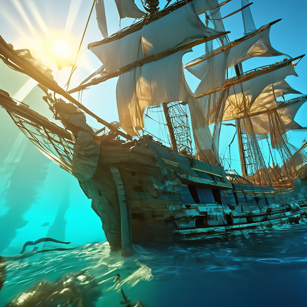 "Underwater flying Dutchman sails at full speed underwater, skeleton ...