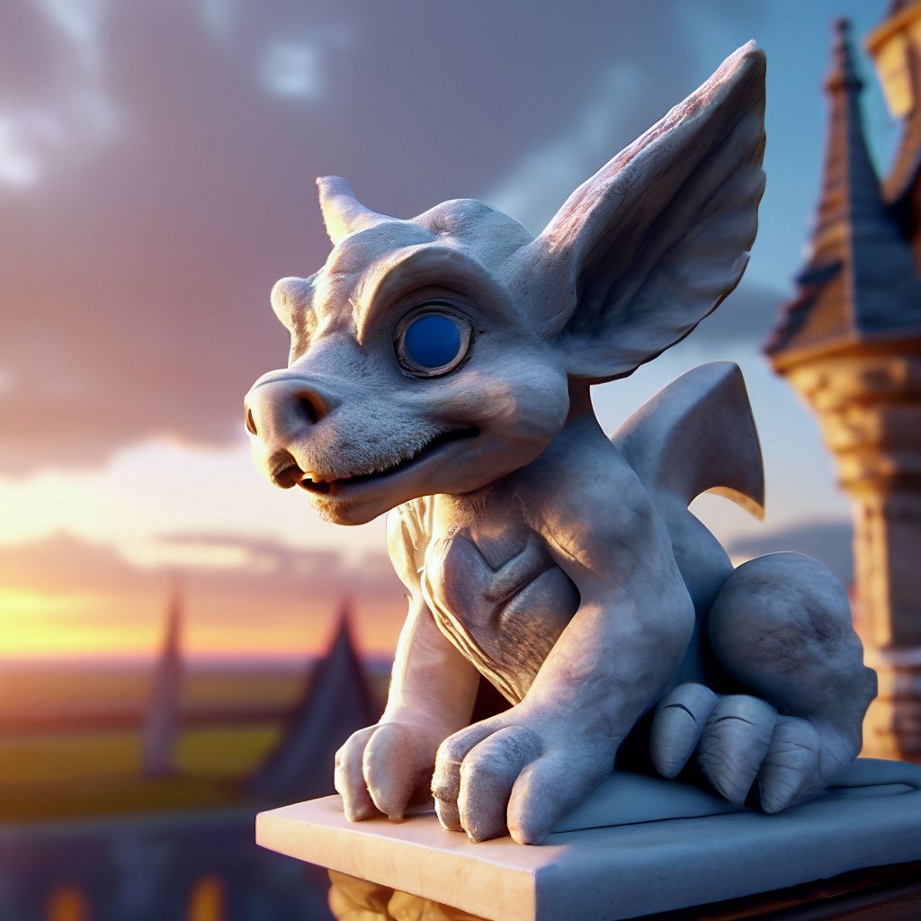 "Cute marble gargoyle on the roof of a Gothic castle, close-up, dawn ...