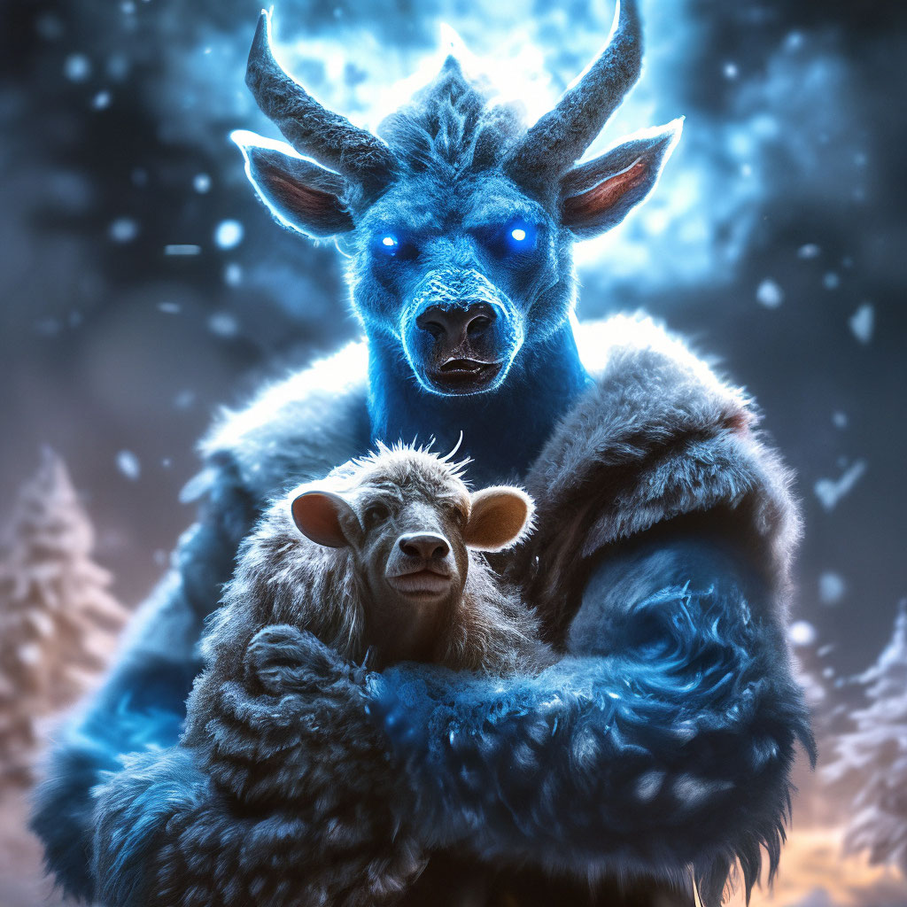 "Hyperrealism, Dragon with blue eyes, holding a cow in his arms ...