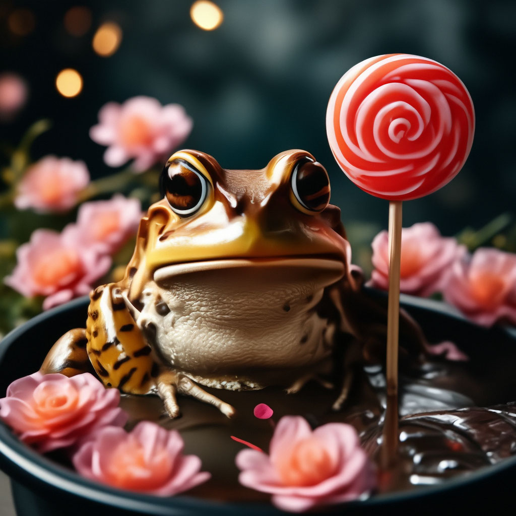 "A satisfied toad lies in a tub with flower petals and licks a lollipop ...