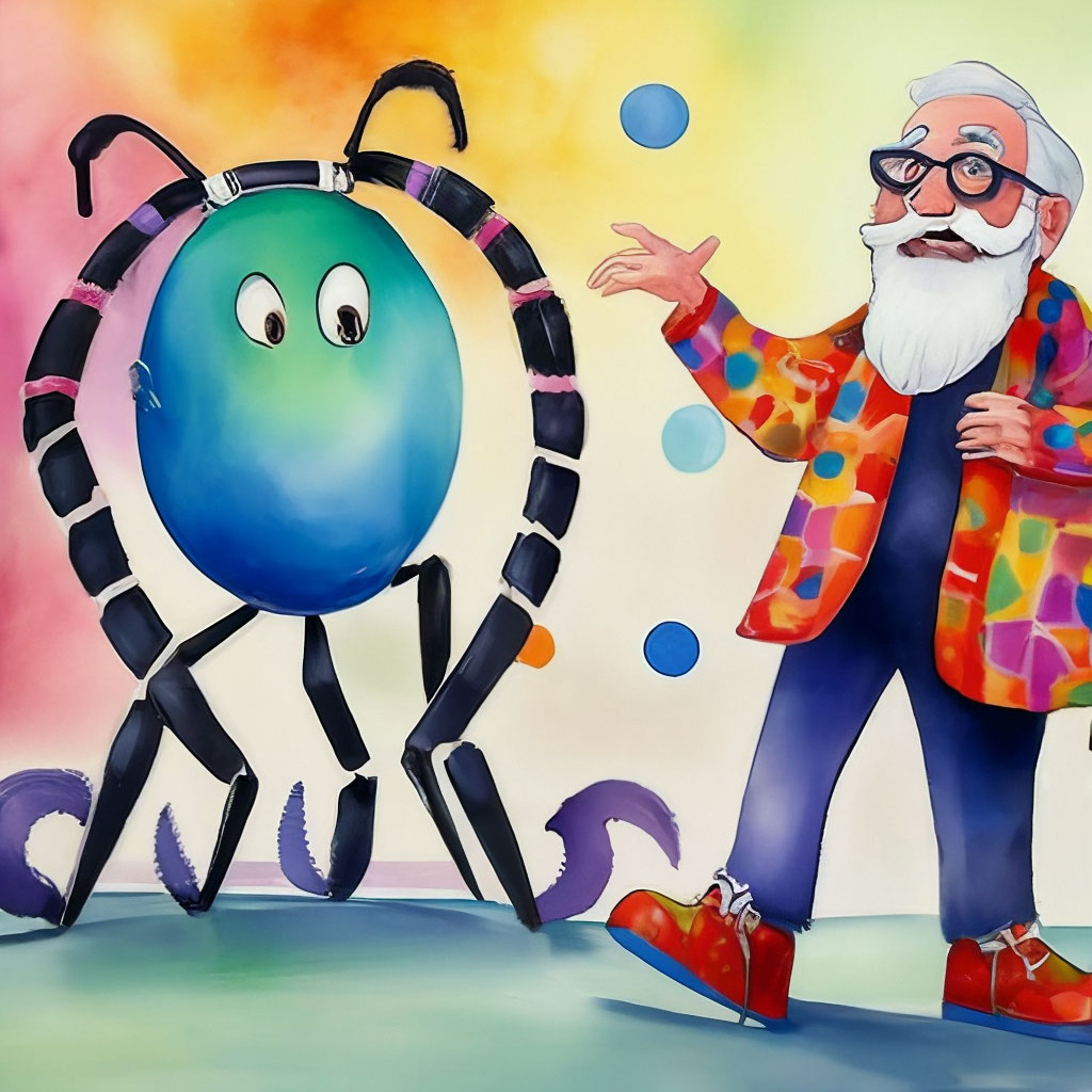 "Grandpa Dude is showing off in front of a big funny frowning painted ...