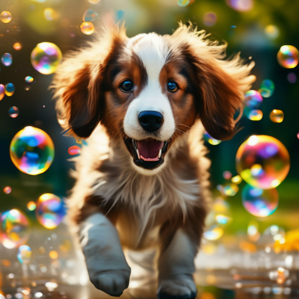 "Hyperrealism, beautiful foggy, consisting of bubbles puppy, playing ...