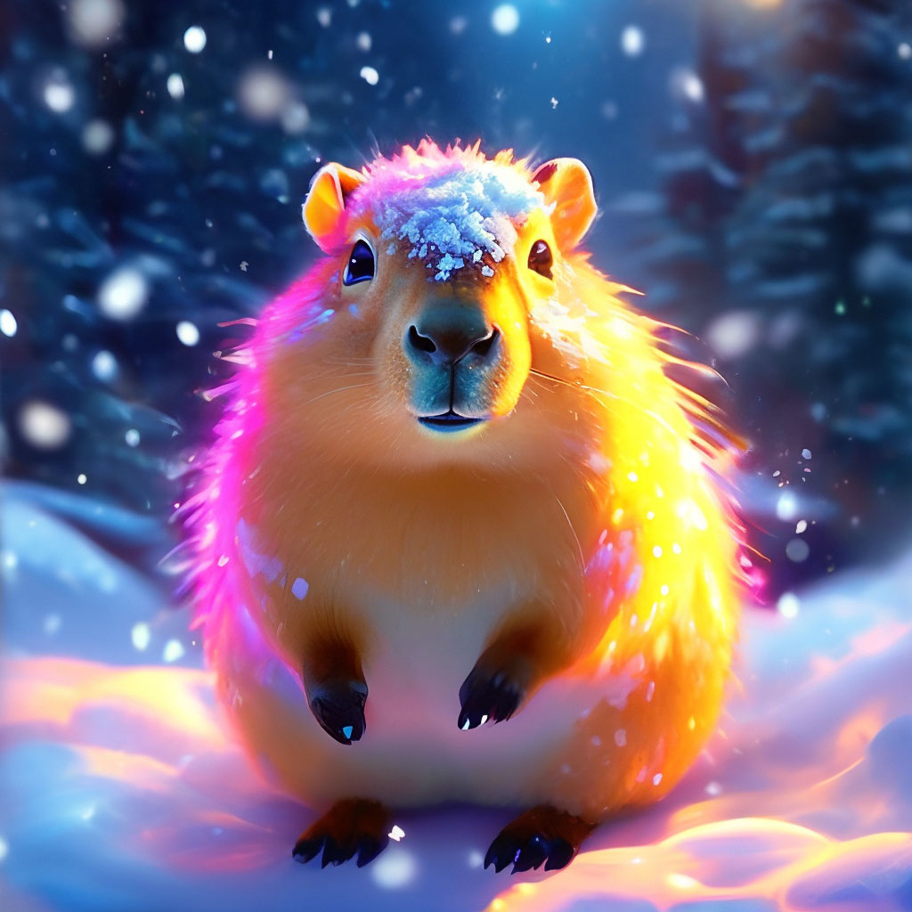 "Fluffy little capybara, snowflakes around, fabulously beautiful ...