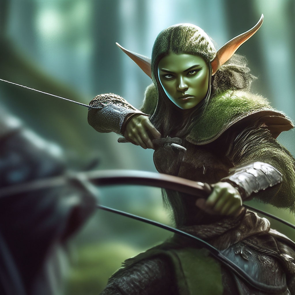 the elf tracker is aiming an orc scout from a bow... hyperrealistic ...
