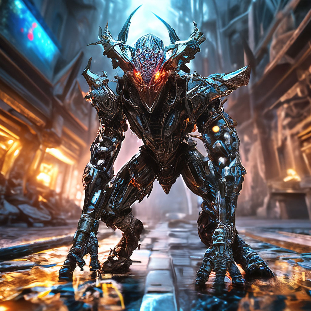 "Fractal cyborg demon in the middle of the pavement,grunge style,huge ...