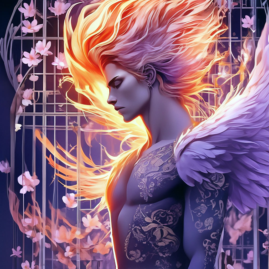 "Hybrid, male+phoenix crossing, standing in a cage, arch of flowers ...