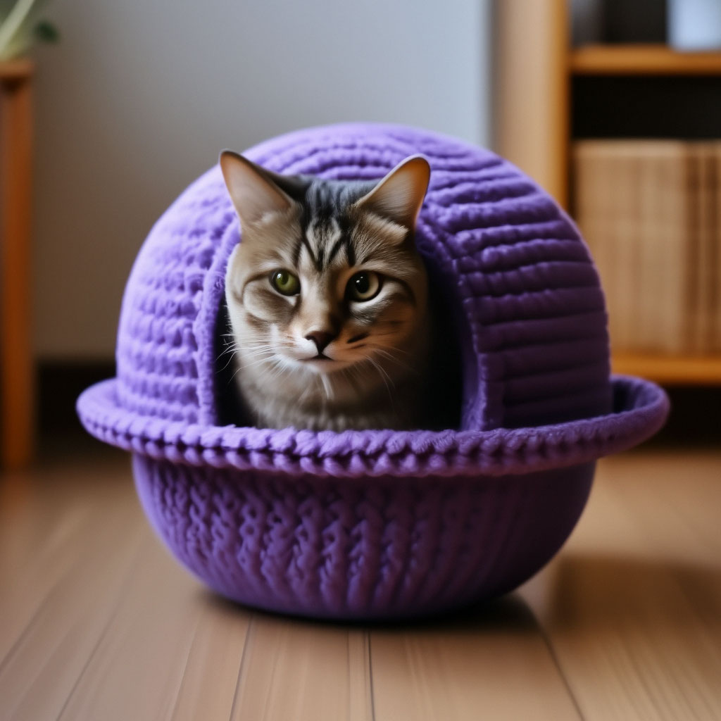 "Saturn-shaped purple knitted cat house" — image created in Shedevrum