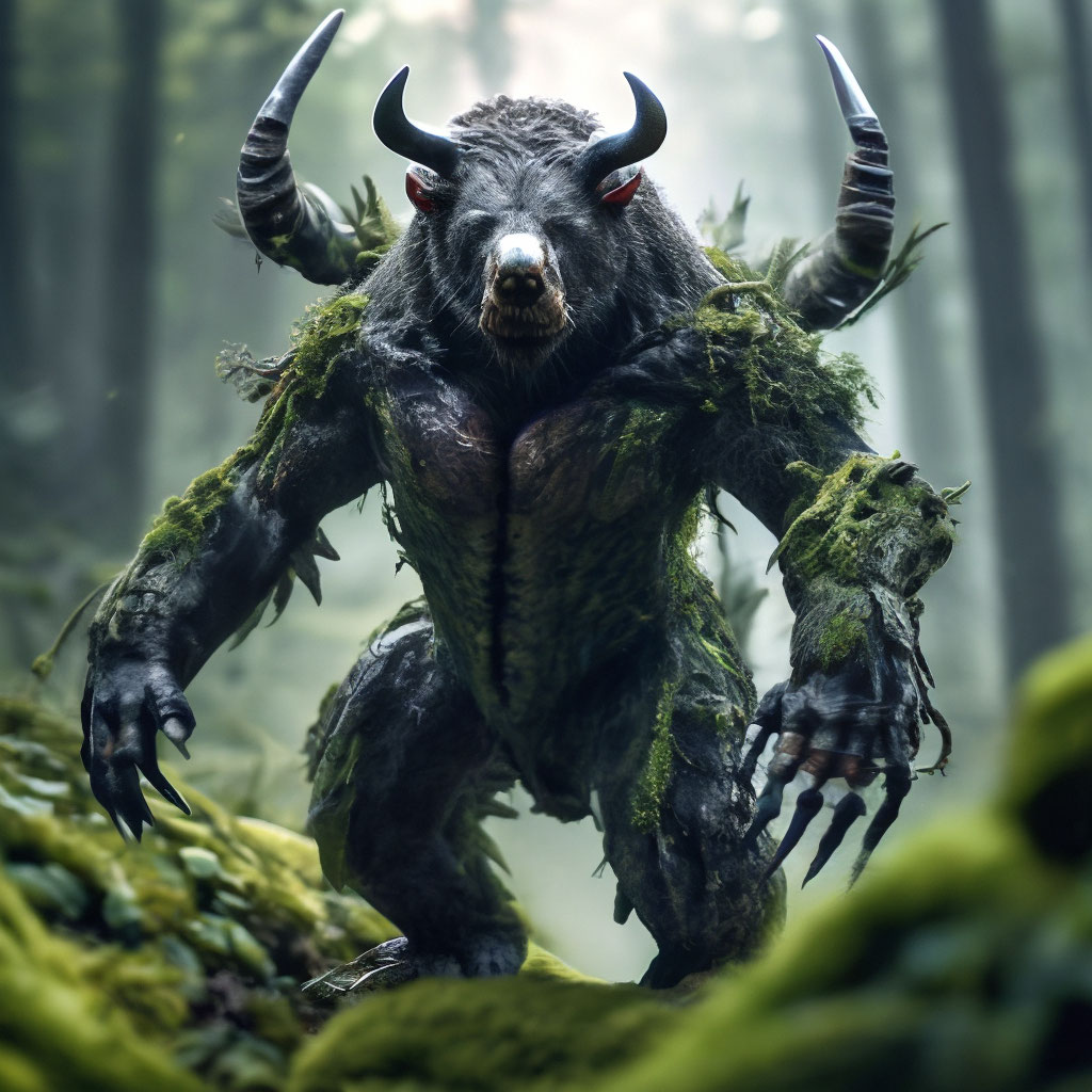 "Bull-bear hybrid, symbiotic organism, mythical creature, horror, dark ...