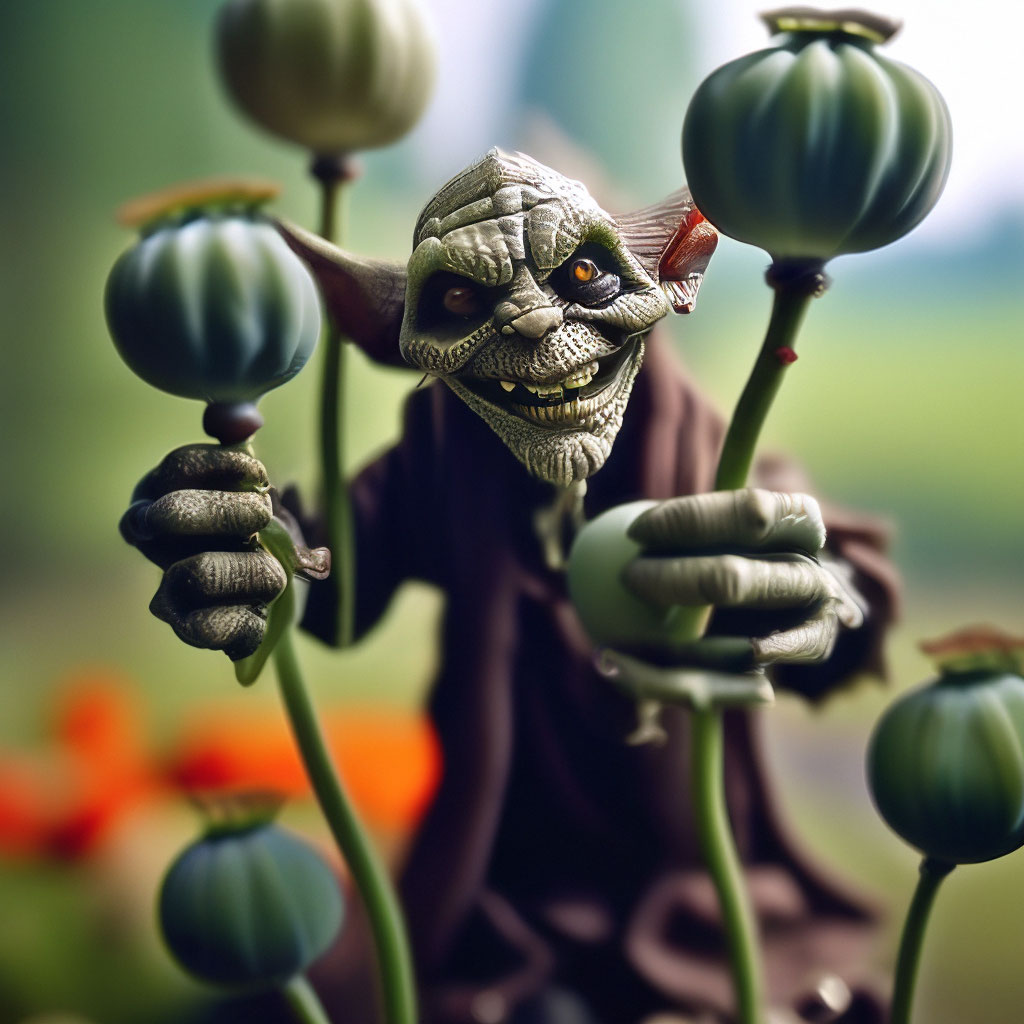 "The old evil goblin is holding large heads of opium poppy 3d in his ...