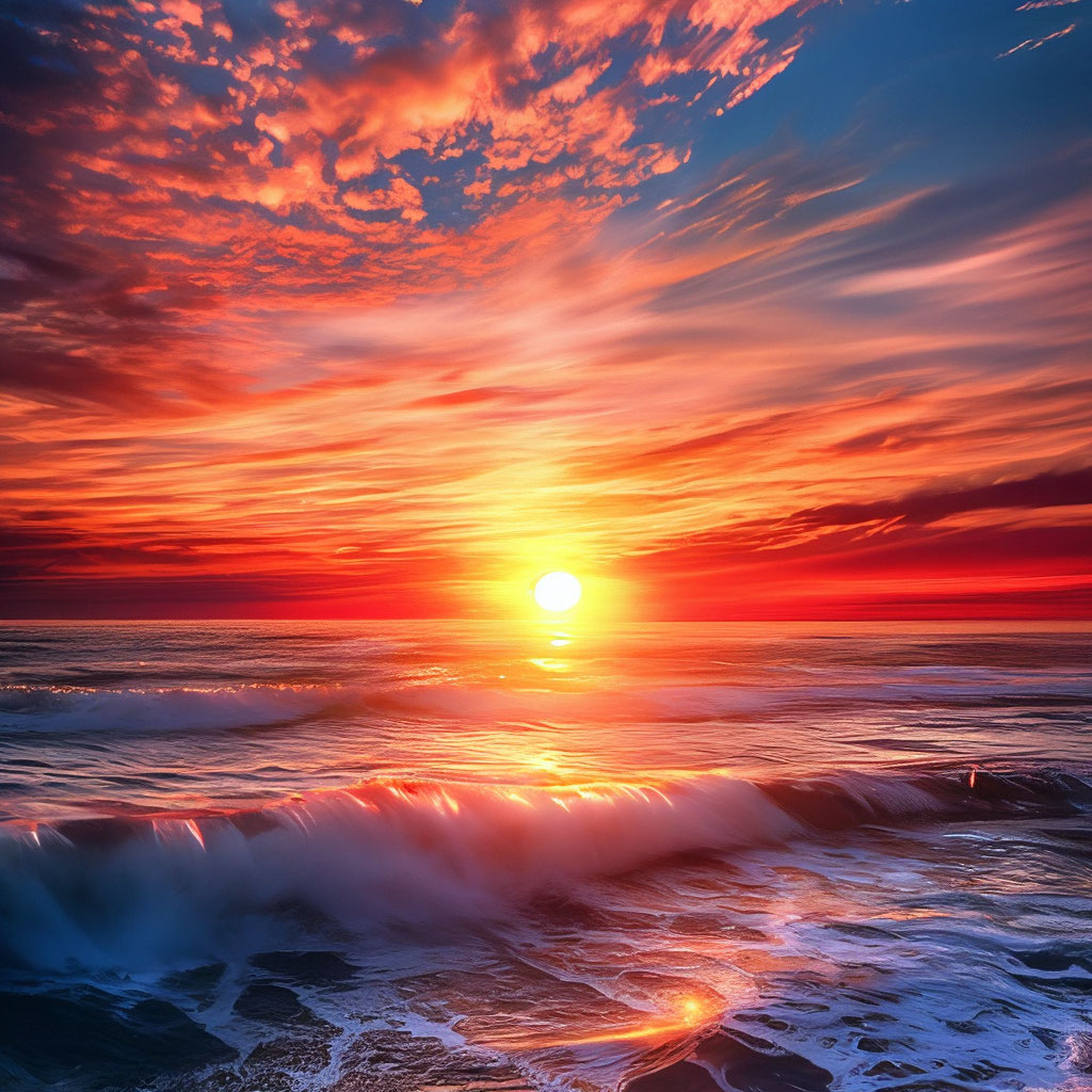 "Incredible sunset over the sea. the huge sun has almost set. haze of ...