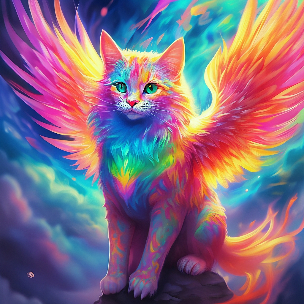 "Rainbow cat phoenix" — image created in Shedevrum