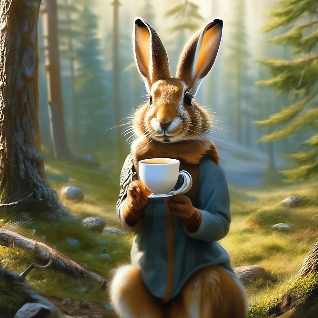 "Forest clearing, hare holding a cup of coffee, good morning, super ...
