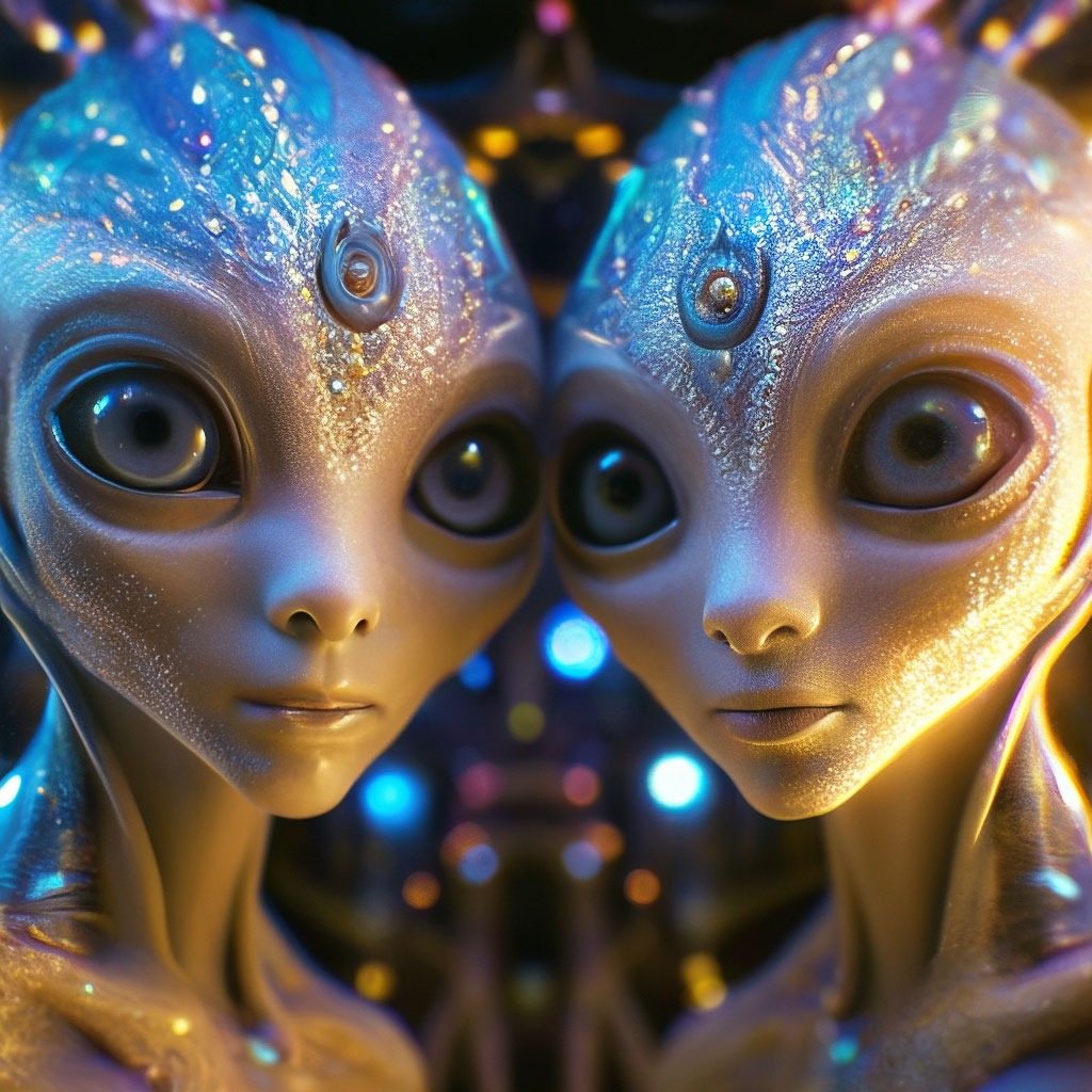 "Gemini zodiac sign, beautiful twin aliens, huge expressive eyes ...