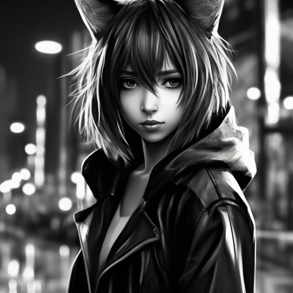 "Neko -Stalker anime art black and white realistic" — image created in ...