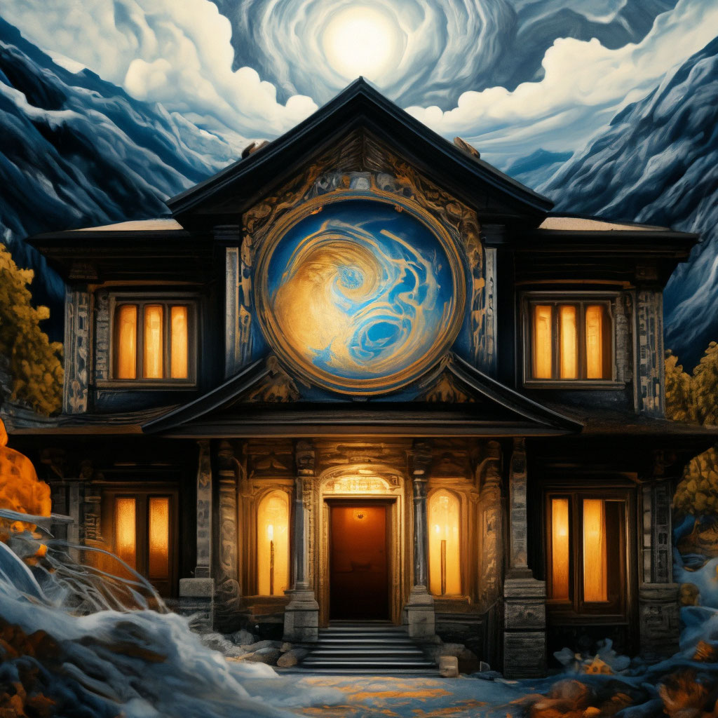 "House, heraldry style elemental ancient greek spider web pattern, oil ...