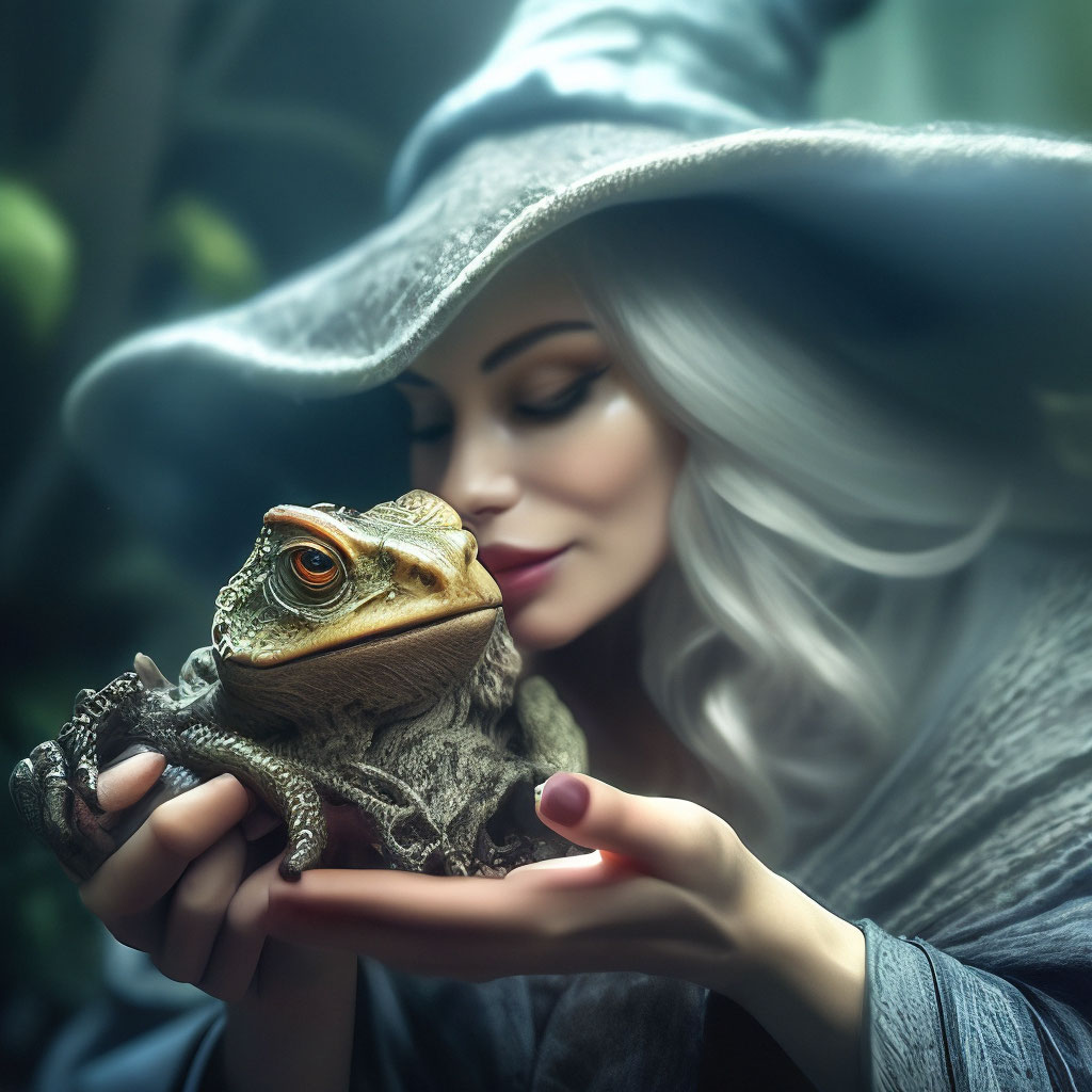 "A beautiful witch, insidious and dangerous, licks a toad in her palm ...
