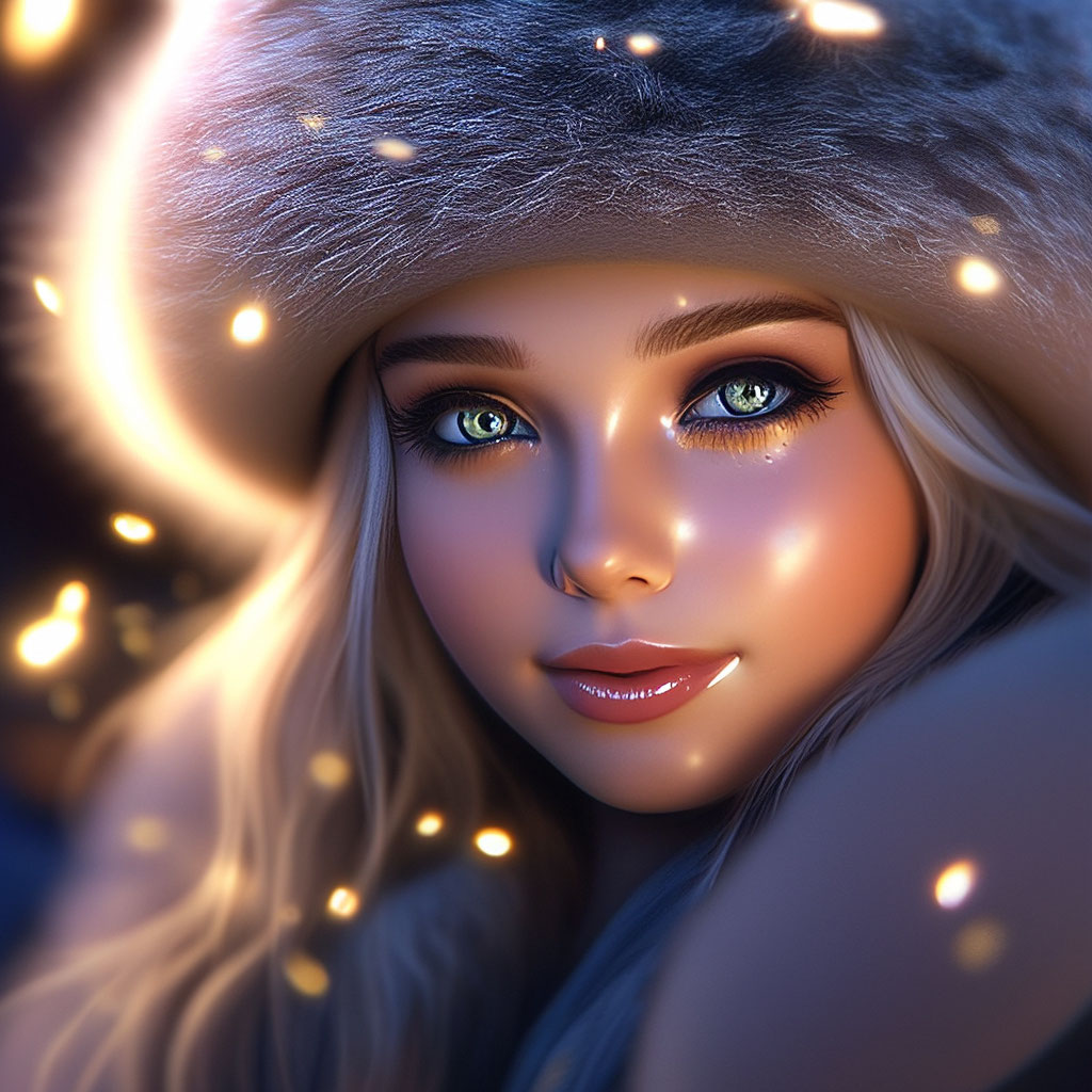 "Realistic photo, beautiful girl in a mink hat, glitter eyes, fireflies ...