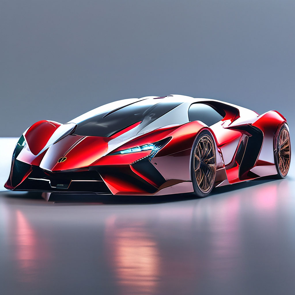 "The car is a Lamborghini of the year 2050. Metallic red on a gray ...