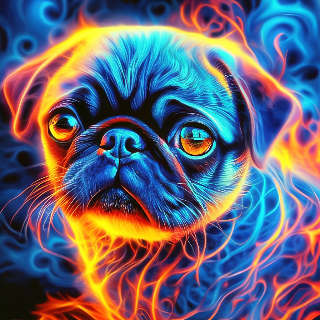 "Surrealism, cute pug , consists of fractals, fabulous, blue, fiery ...