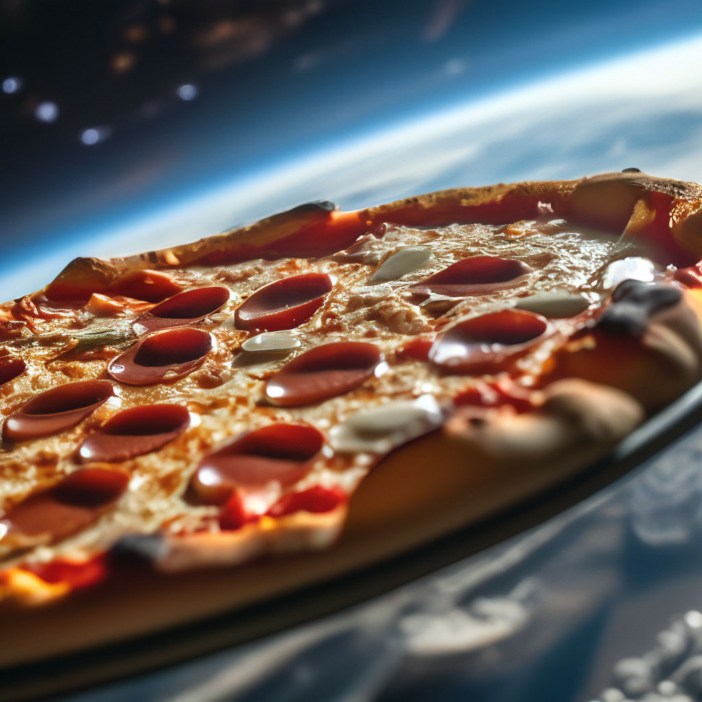 "Pizza in space, realistic" — image created in Shedevrum