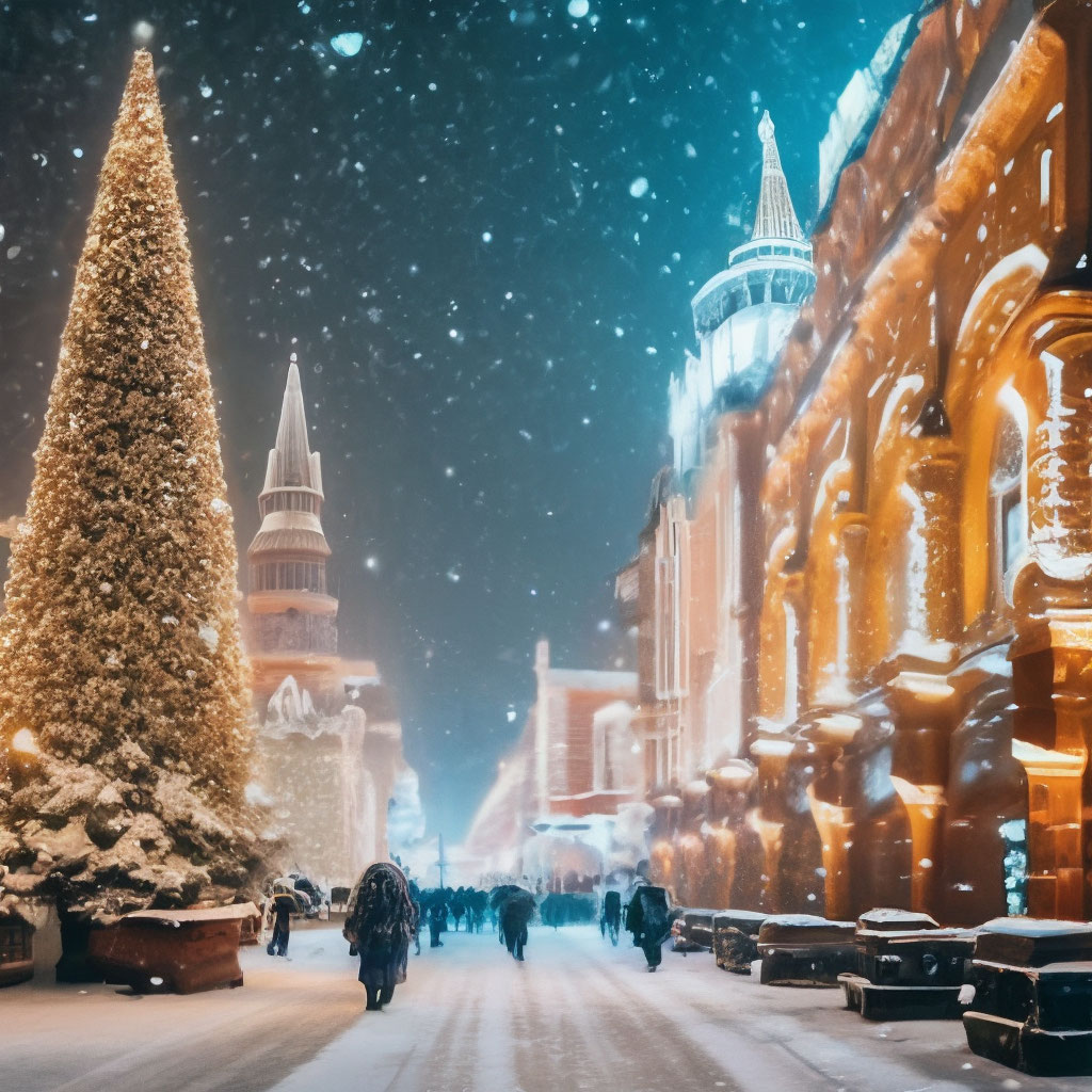 "New Year's Moscow Lots of garlands. Christmas trees. Large flakes of ...