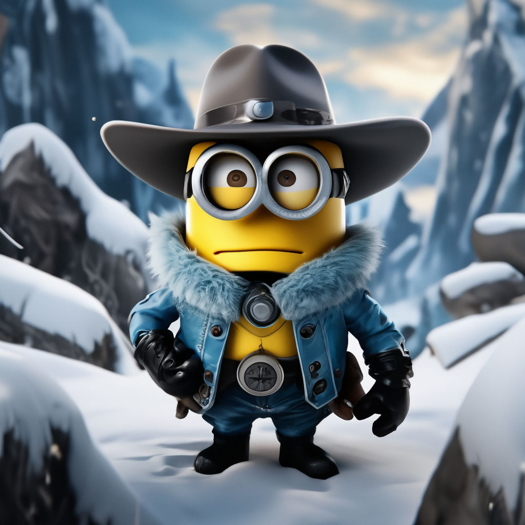 "A cartoon minion in an ice cowboy costume surrounded by snow and ice ...