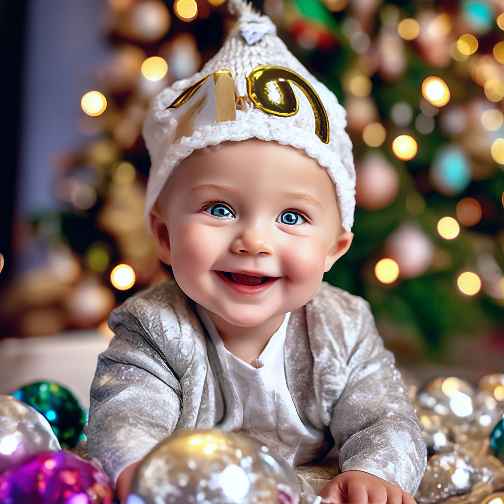 "Baby New Year in a New Year's hat under the tree. Handsome boy, with ...