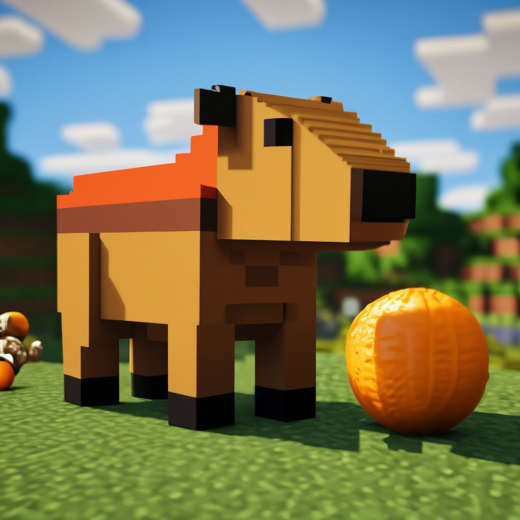 "Capybara with orange in Minecraft" — image created in Shedevrum