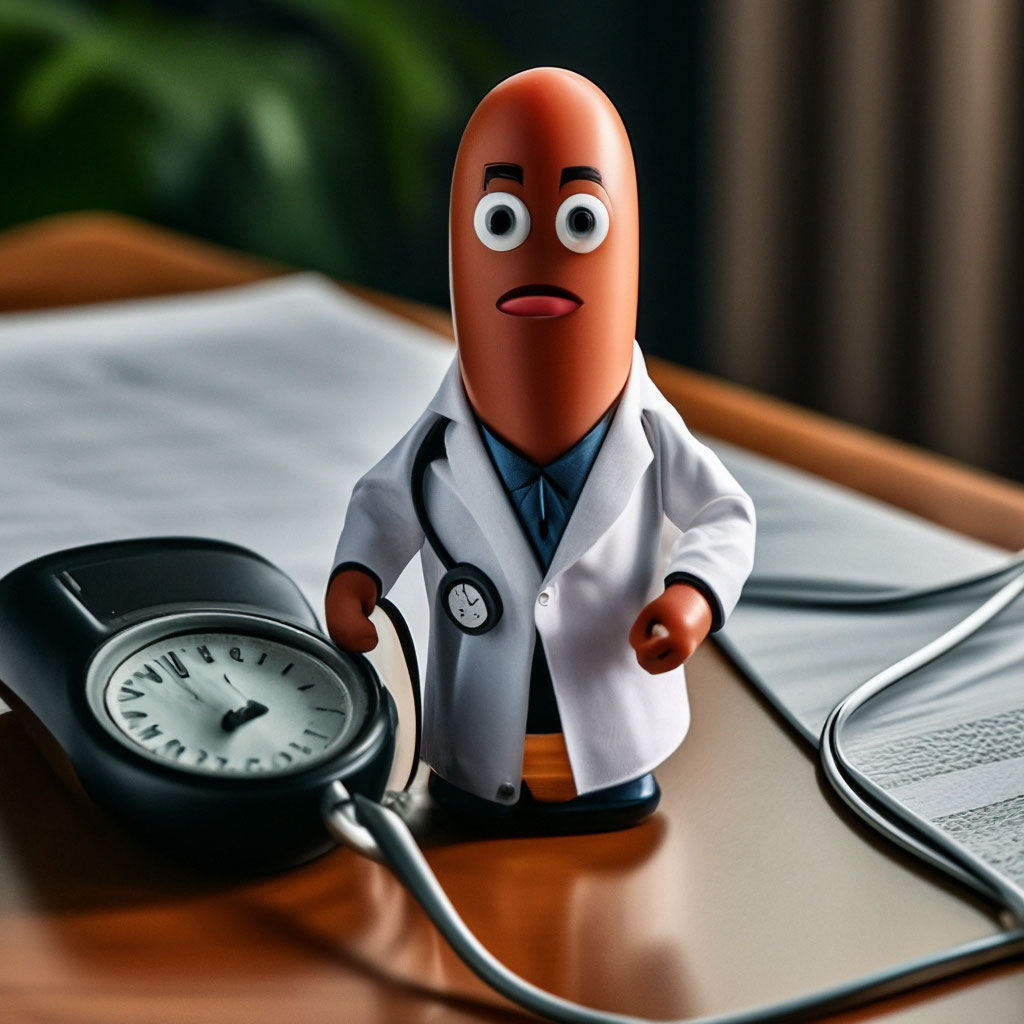 "Doctor's sausage. A sausage in a doctor's suit is lying on a table ...