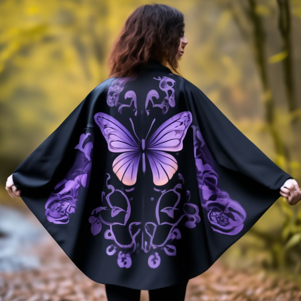 "Black haori with a design of a small purple butterfly in the style of ...