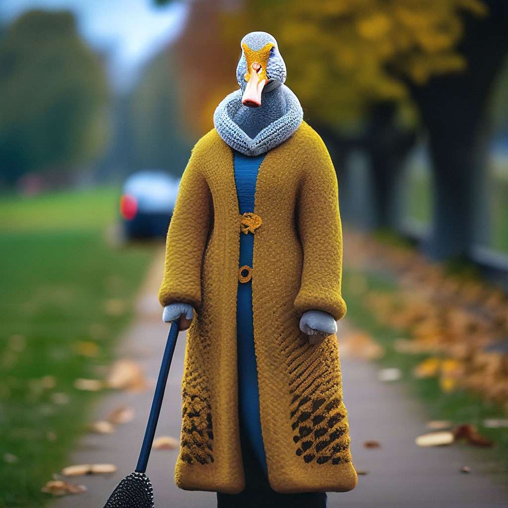 "Goose in a knitted suit full-length mace" — image created in Shedevrum