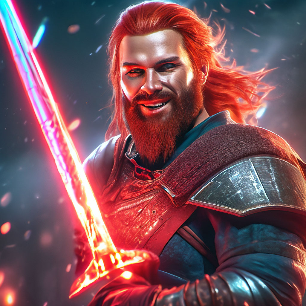 "A bearded Witcher with red hair holds a laser red sword,smiling ...