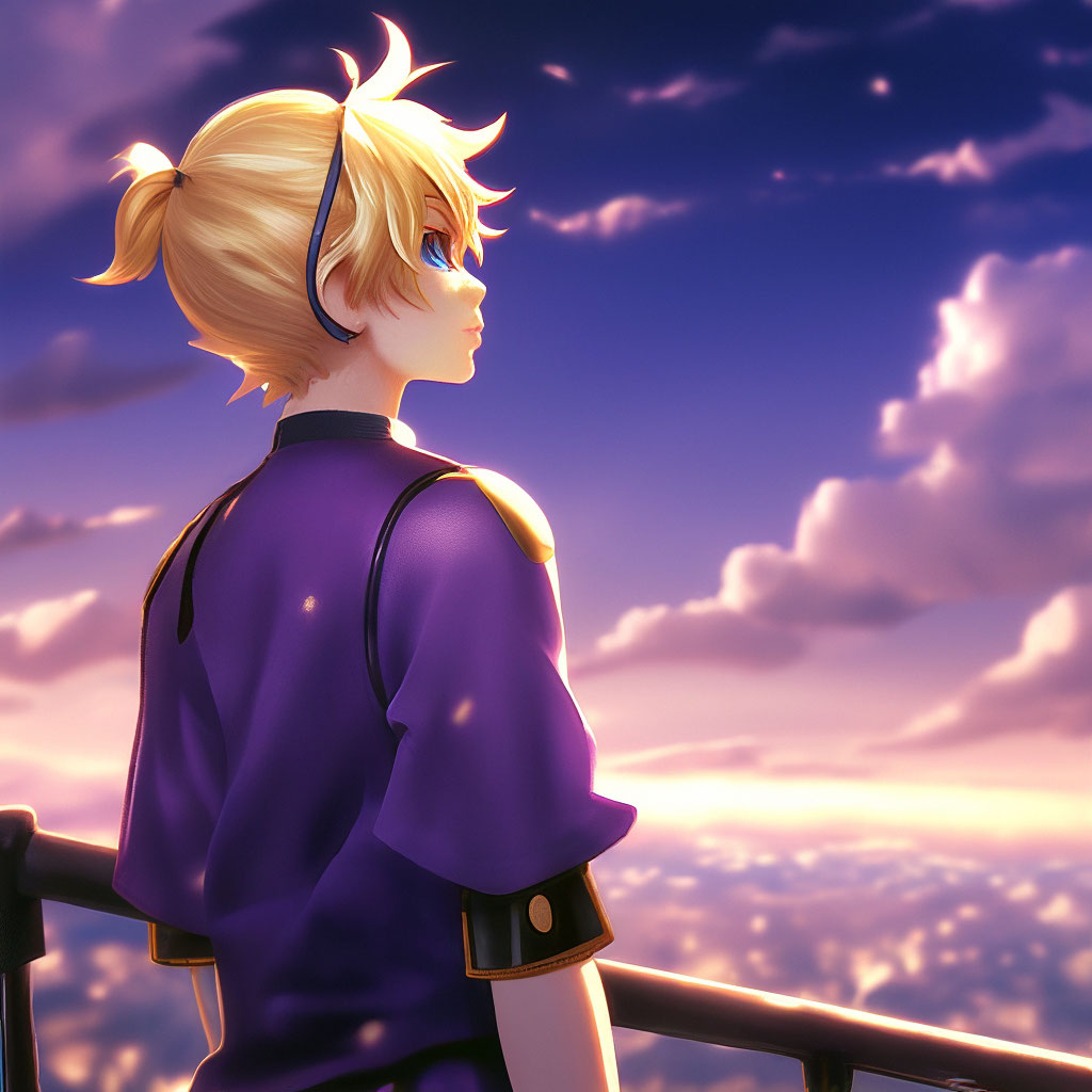 "Vocaloid Kagamine Len in purple clothes looks into the distance ...