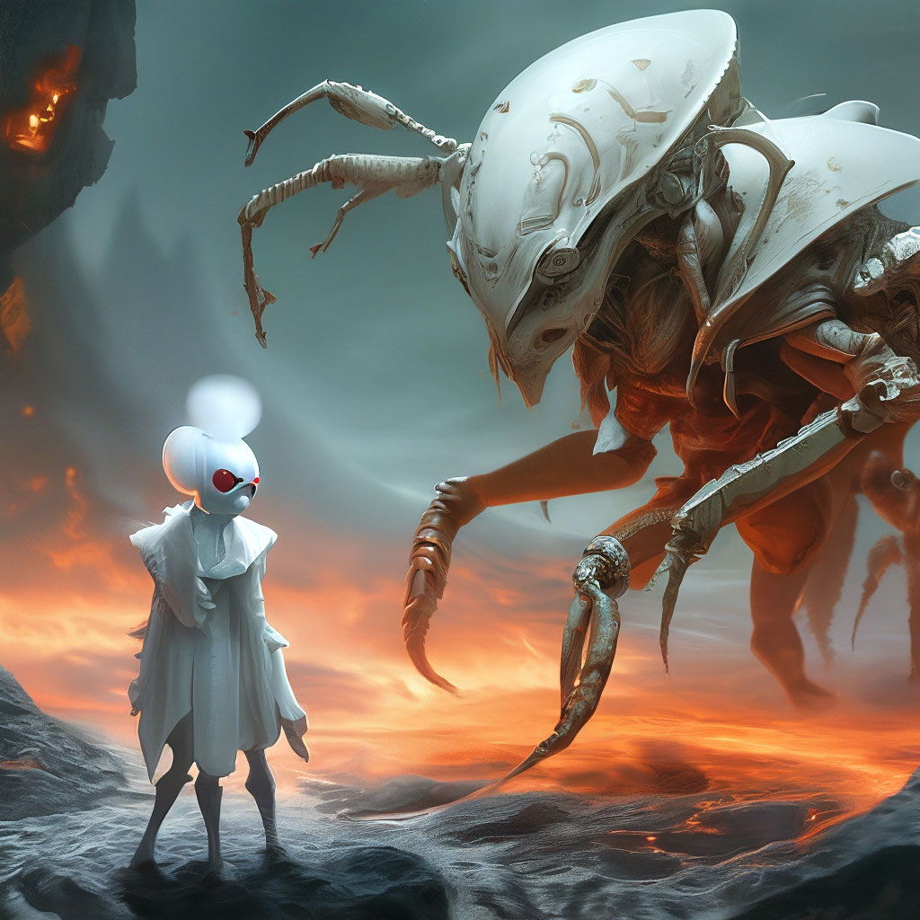 "A white clown goes to the abyss, next to a huge mantis made of bones ...