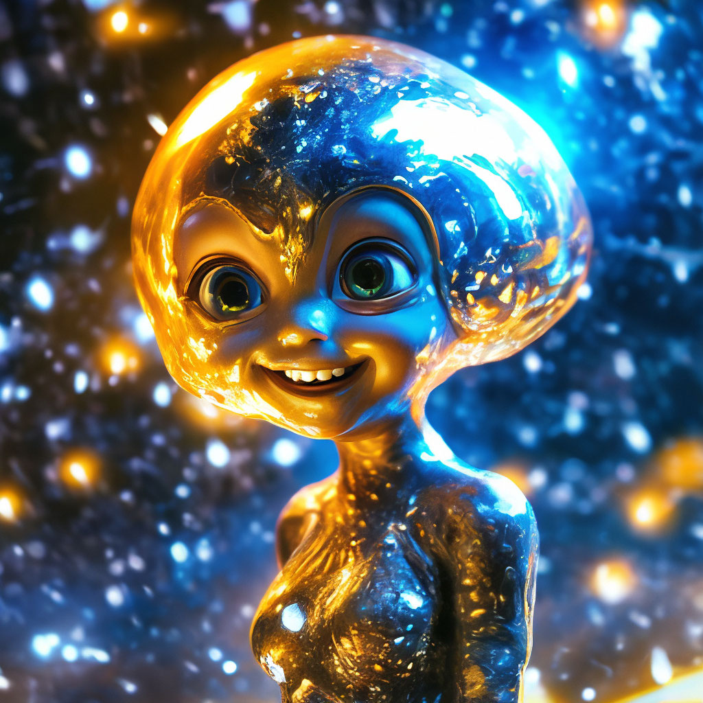 "Cosmic background, small, cheerful, cute, transparent,made of silver ...