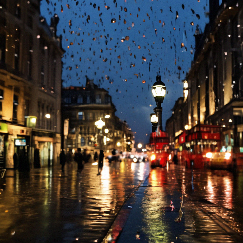 "Rain in London at night, a busy city drops gently drip on the glass ...