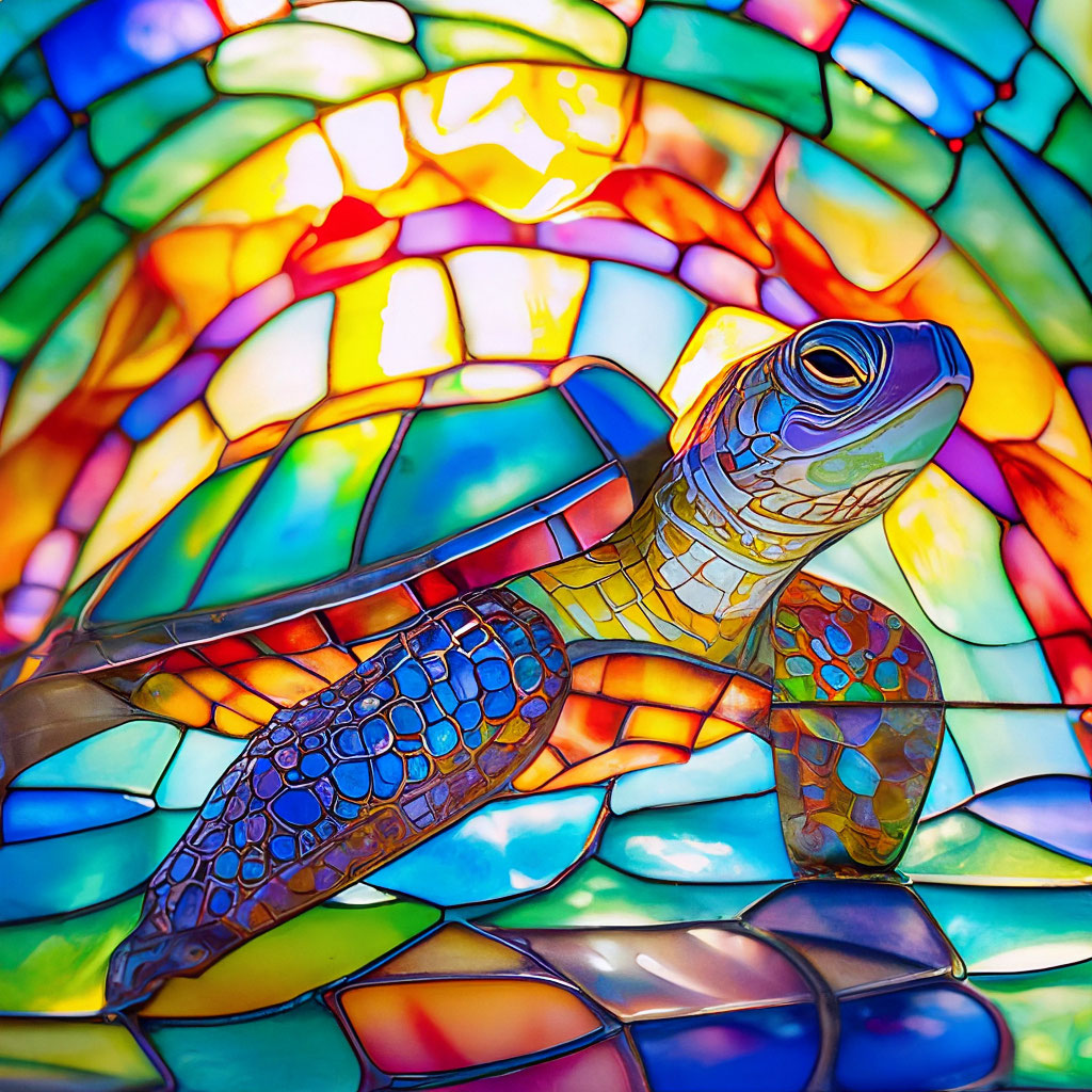 "Rainbow stained glass turtle,sunlight,watercolor" — image created in ...