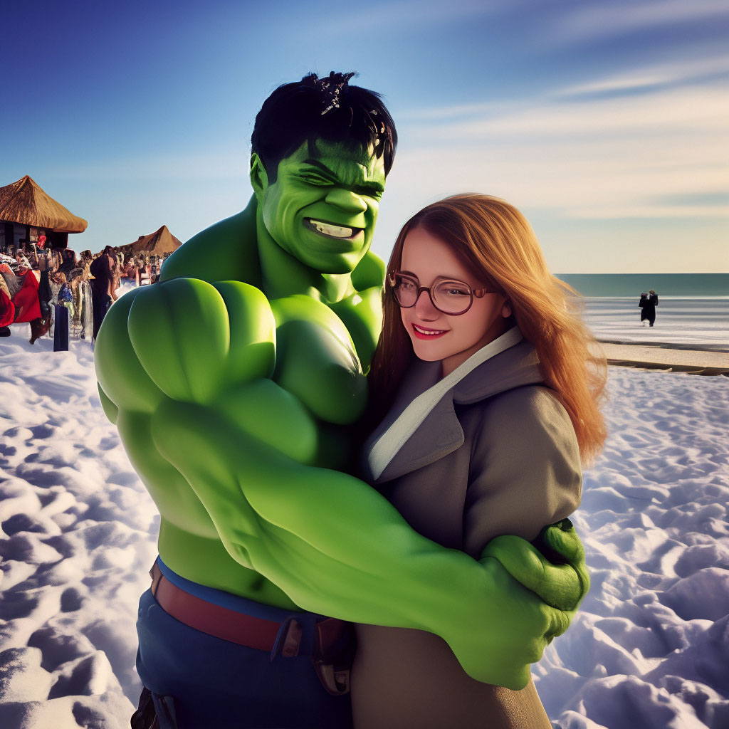 "Hulk and Hermione snowshining on the beach" — image created in Shedevrum