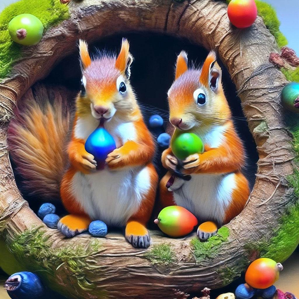"Drawing with colorful pens, cute squirrels sitting in a hollow, big ...