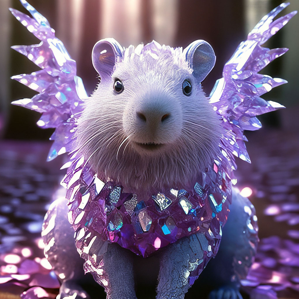 "Hyperrealism cute lilac, all crystal graphite capybara, crystal dragon ...