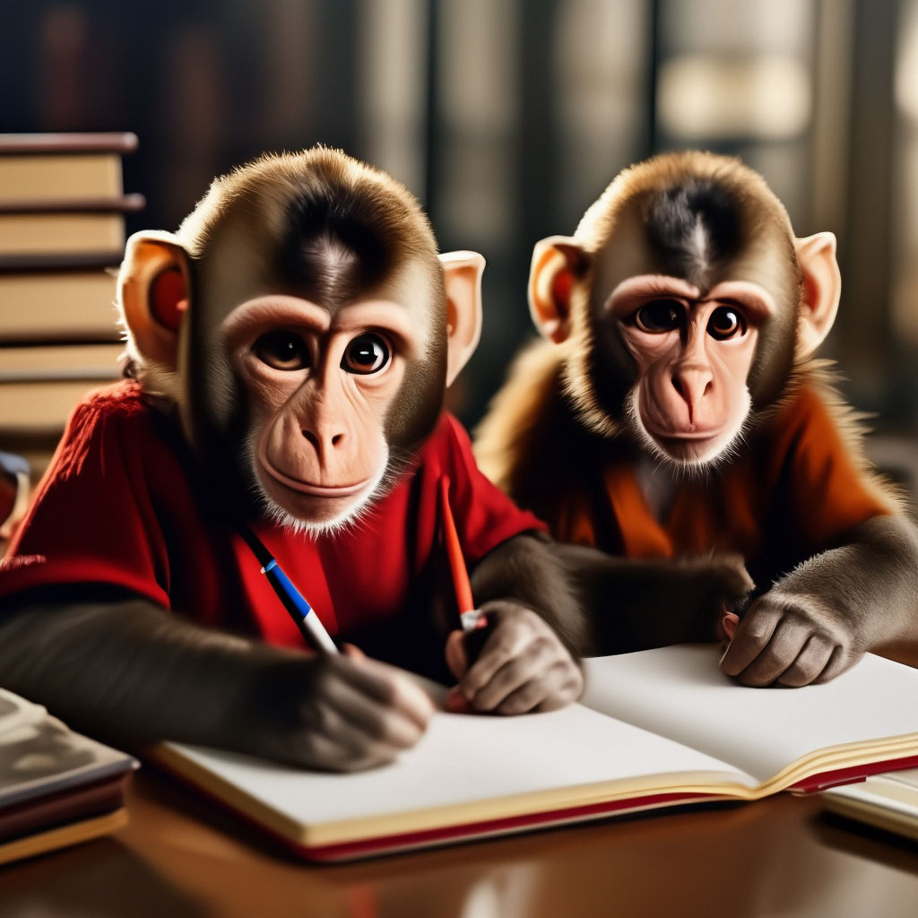 "Funny monkeys are doing their homework." — image created in Shedevrum