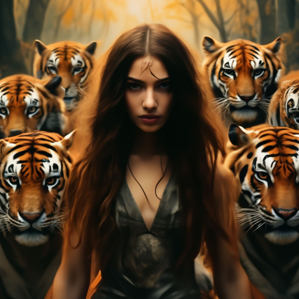 "Girl + tiger metamorphosis and a pack of tigers guarding her from ...