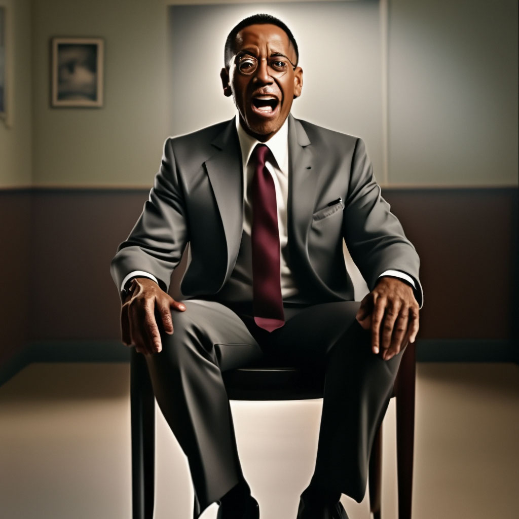 "Gus Fring is sitting on a chair and yelling" — image created in Shedevrum